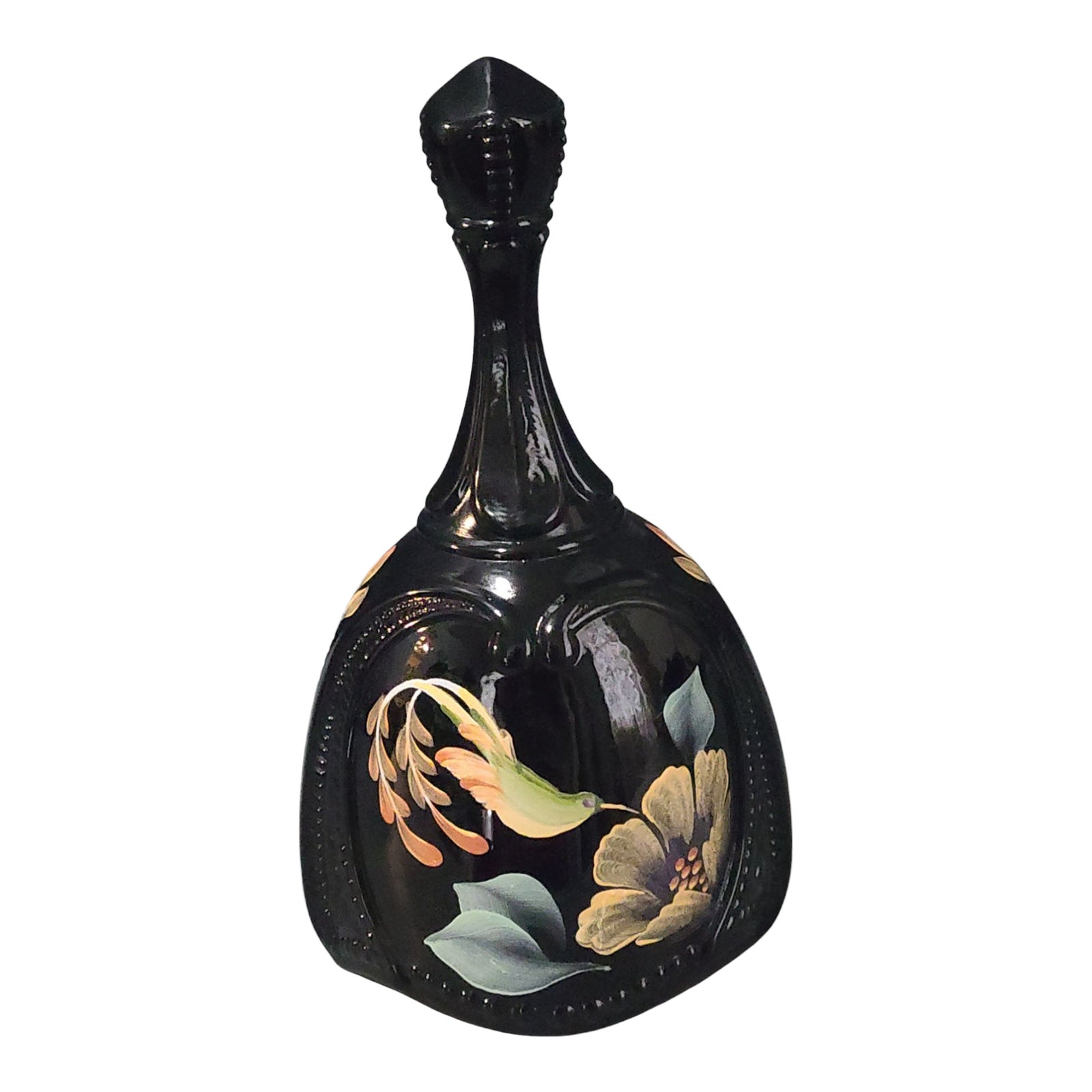 Vintage Hand Painted Floral Bird Black Fenton Glass Bell Marked | Chairish