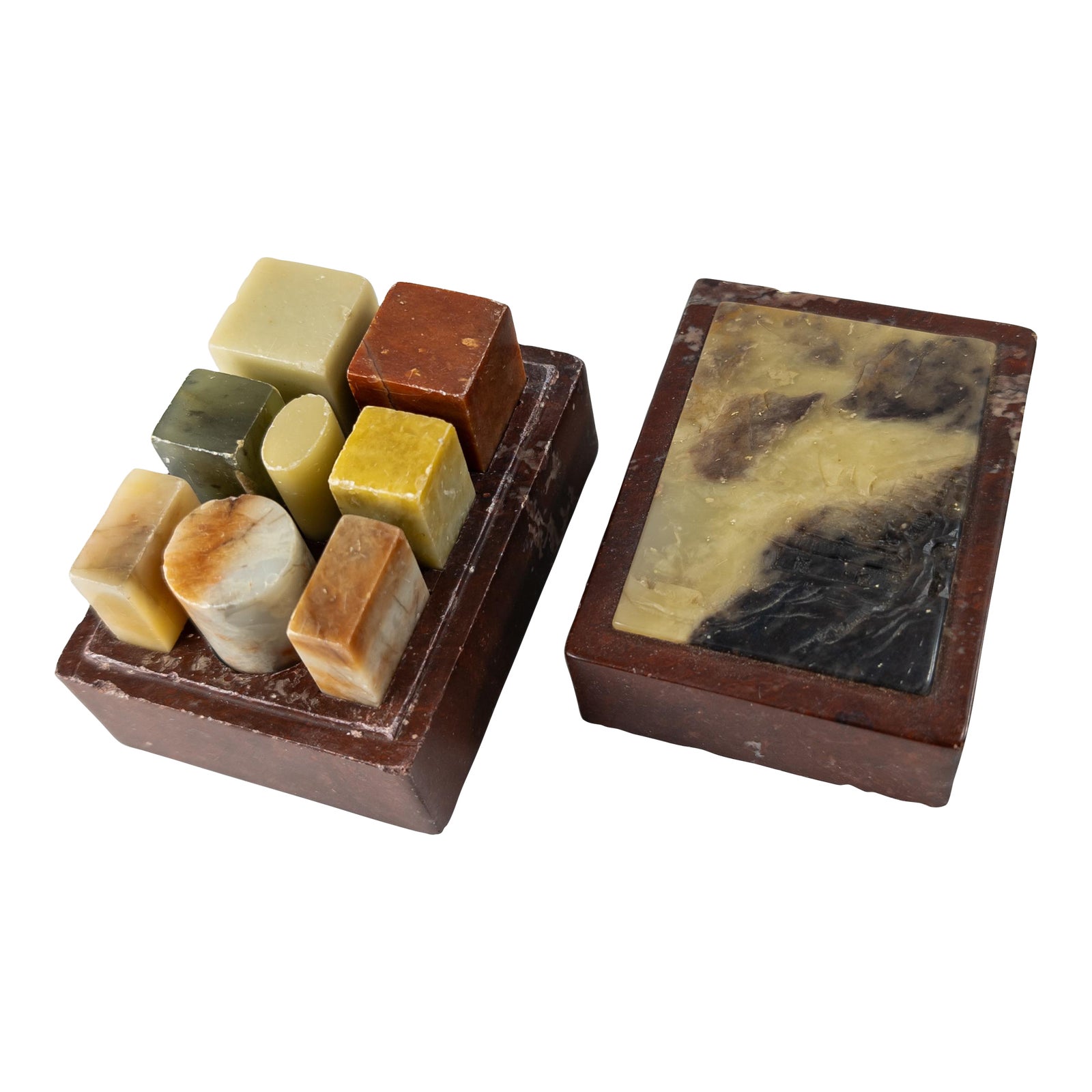 20th Century Group of Soapstone Samples in Carved Box | Chairish