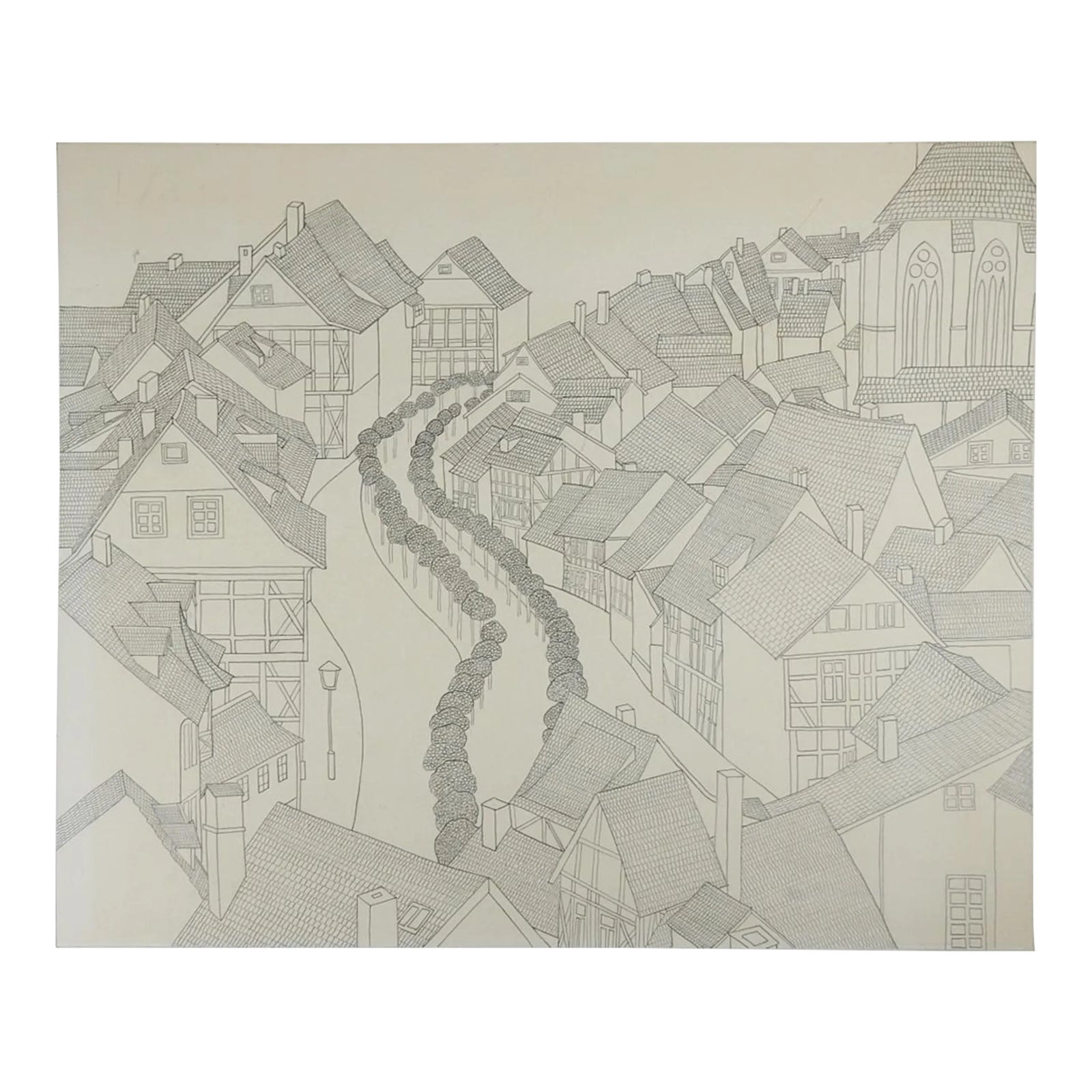 Vintage Cityscape Pen and Ink Drawing | Chairish