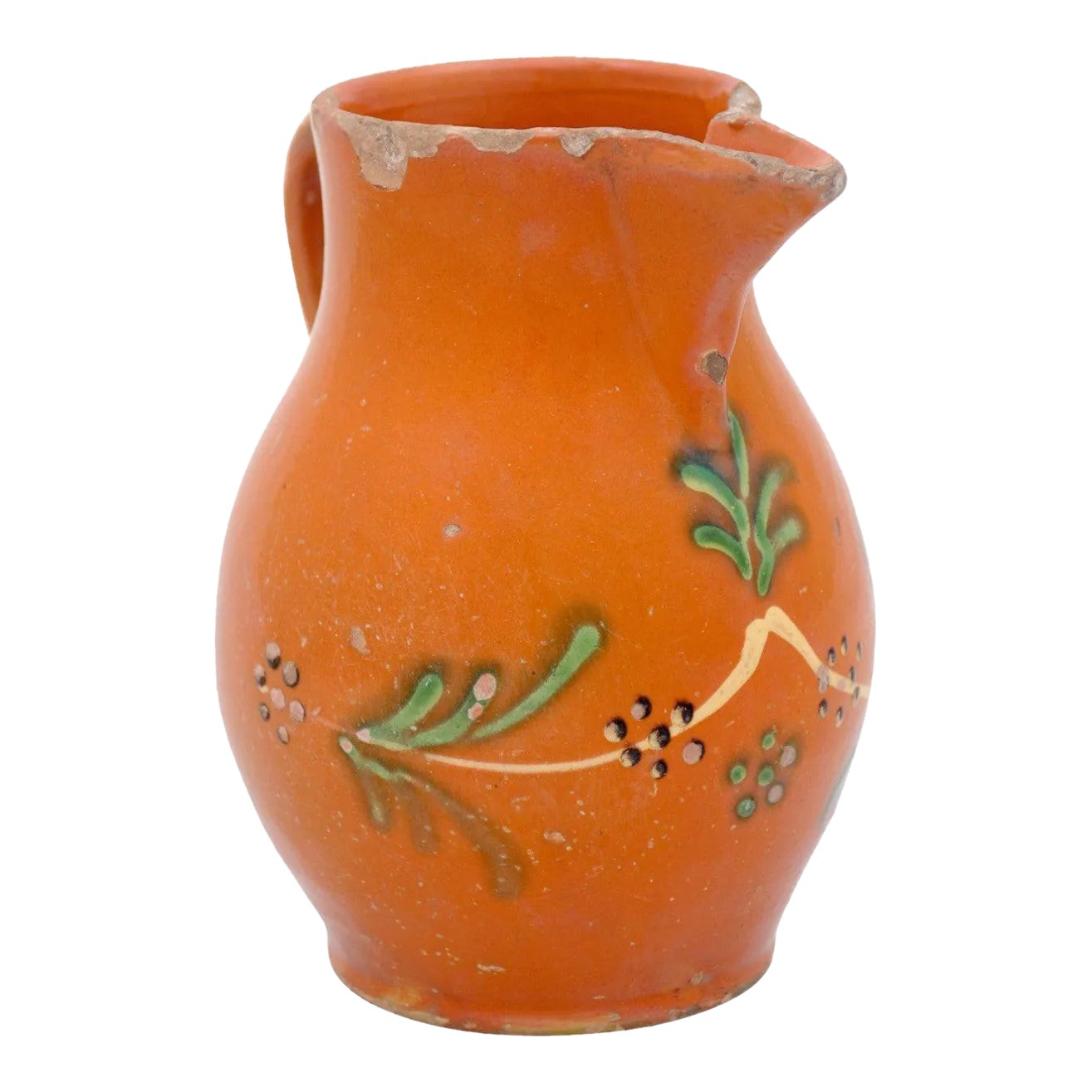 19th Century French Redware Floral Pitcher with Orange, Cream and Green ...