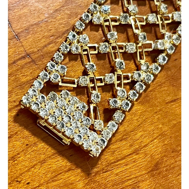 1980s Sparkly Art Deco Style Crosshatch Crystal Gold Bracelet | Chairish