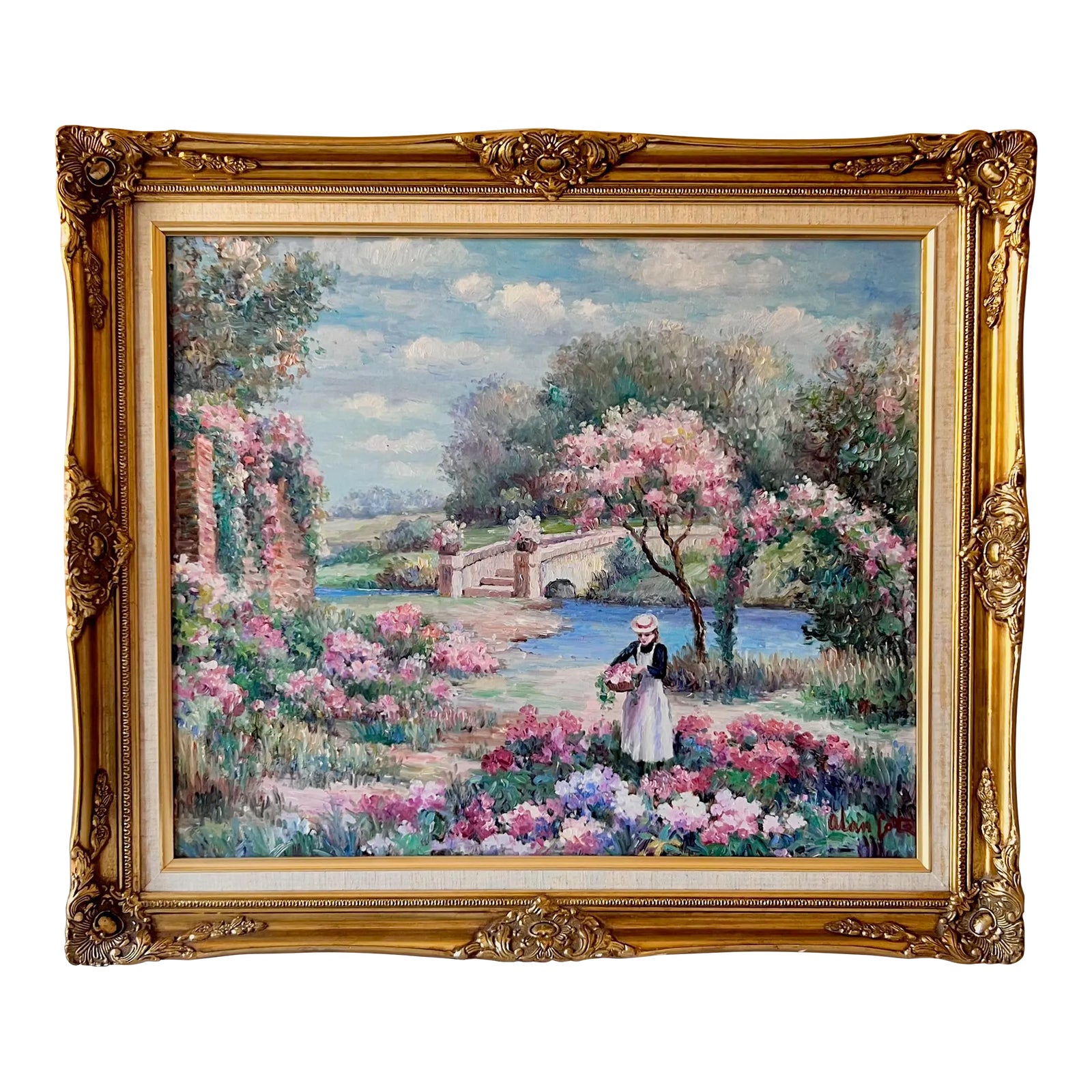 1980s Alan Cote Landscape Oil Painting Pink Spring Flowers on the ...