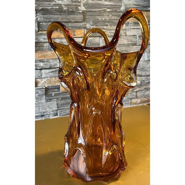 Large Amber Art Glass Vase Tree Trunk Texture With 3 Open Loops Forming ...