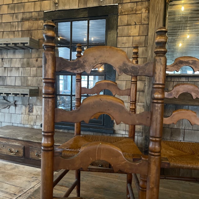 Mid 20th Century Set of Four Rush Seat Ladder Back Wood Chairs | Chairish