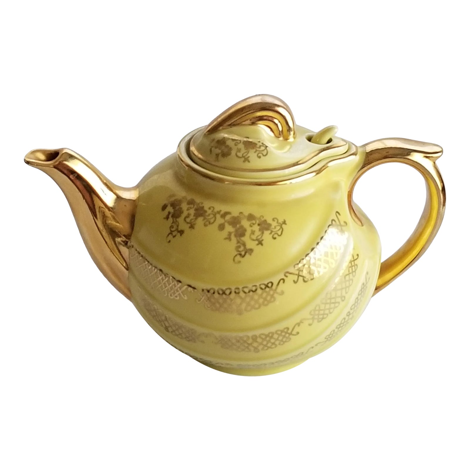 1930's Hall China Hook Yellow & Metallic Gold Tea Pot | Chairish