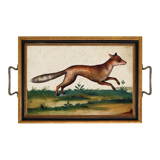 Water Colored Fox Print Tray With Brass Handles | Chairish