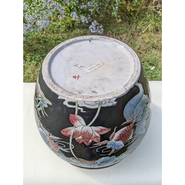 1980s Chinese Porcelain Famille Noir Lotus Planter Jardiniere With Coy ...
