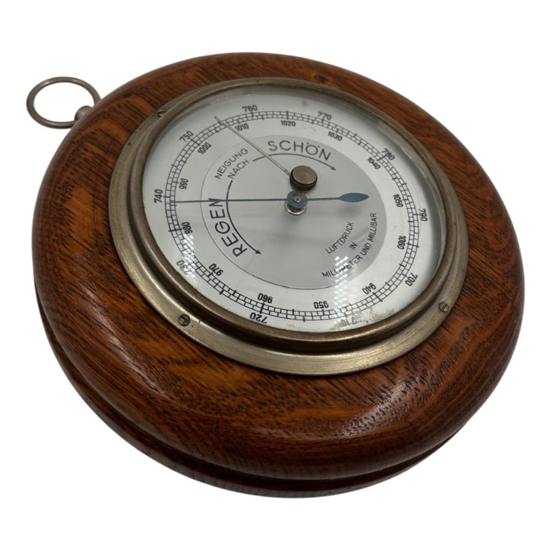 Vintage Round Weather Station with Thermometer in Wood, 1950s | Chairish