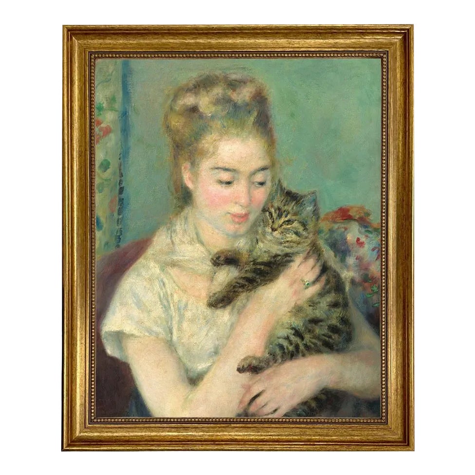 Woman With Cat Renoir Framed Print on Canvas, 19-1/2" X 23-1/2" | Chairish