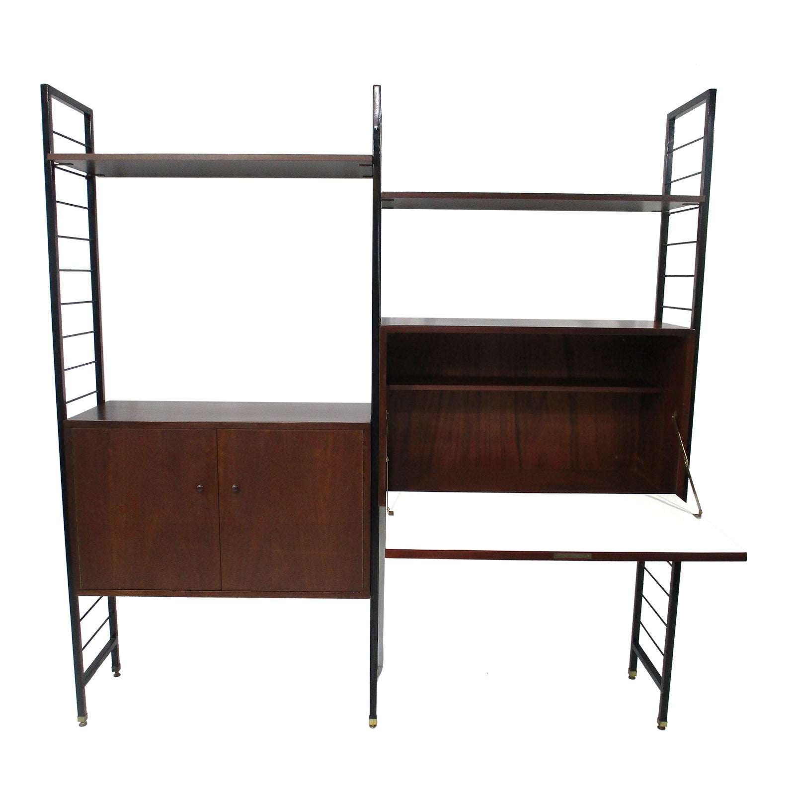 Mid Century Walnut Steel Wall Desk Bookcase Storage Unit | Chairish