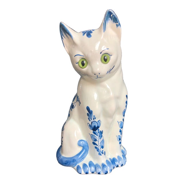 Vintage Hand-Painted Delft Ceramic Cat Figurine | Chairish