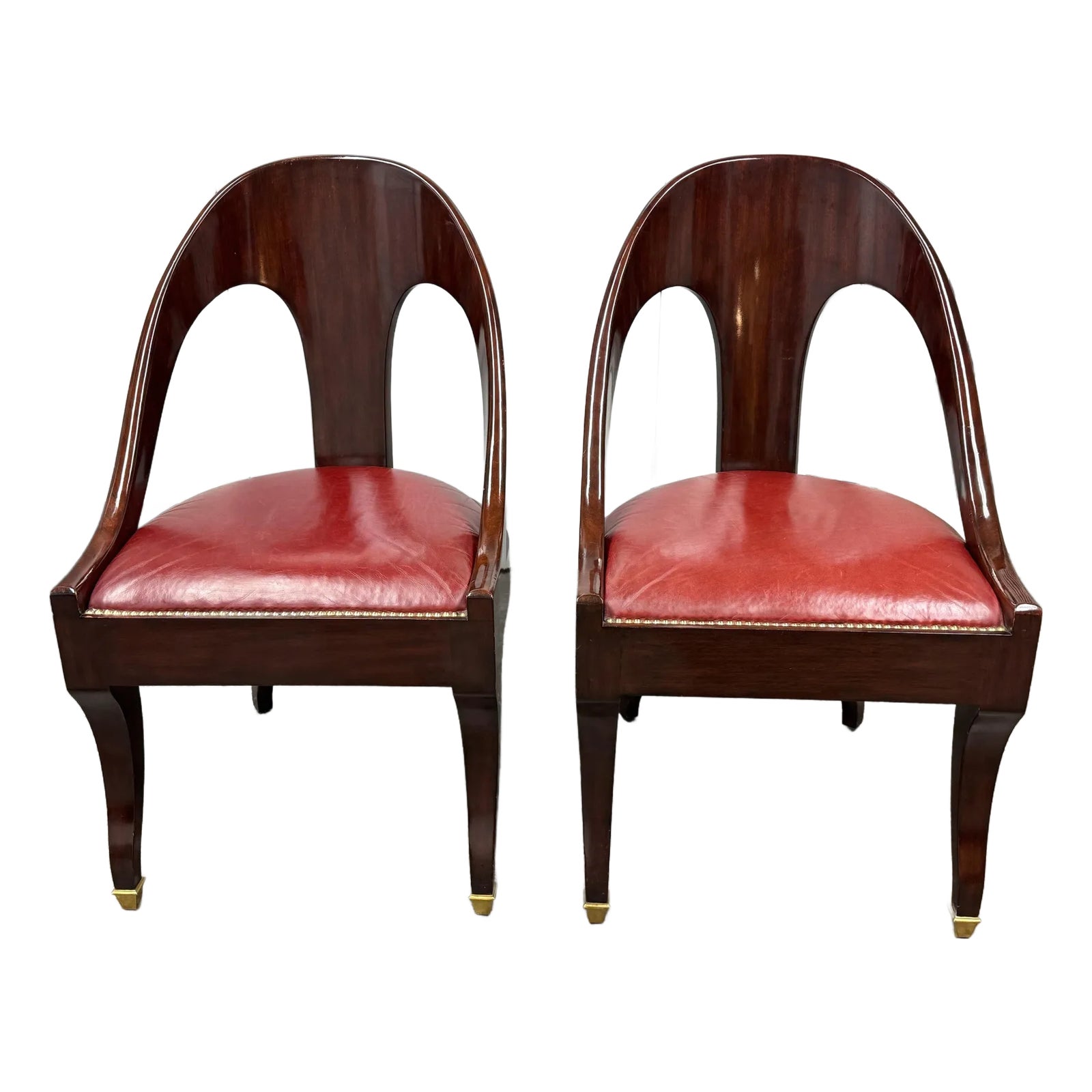 Mid 20th Century Spoon Back Mahogany Leather Lounge Chairs, Pair | Chairish