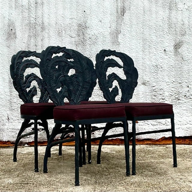 Vintage Coastal Cast Aluminum Outdoor Banana Leaf Dining Chairs - Set of 4 | Chairish