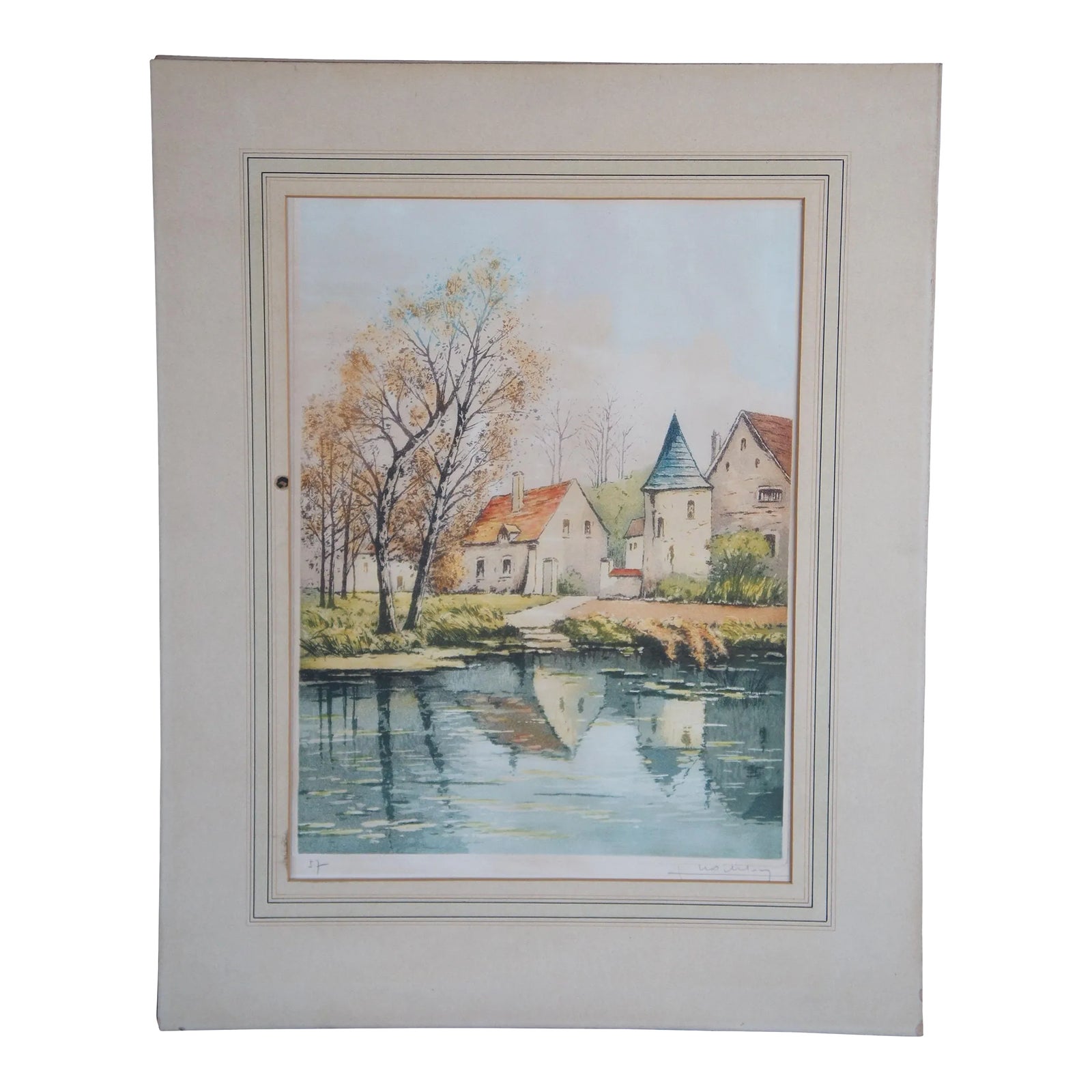 Vintage German Hand Signed Colored Etching European Cottage River ...