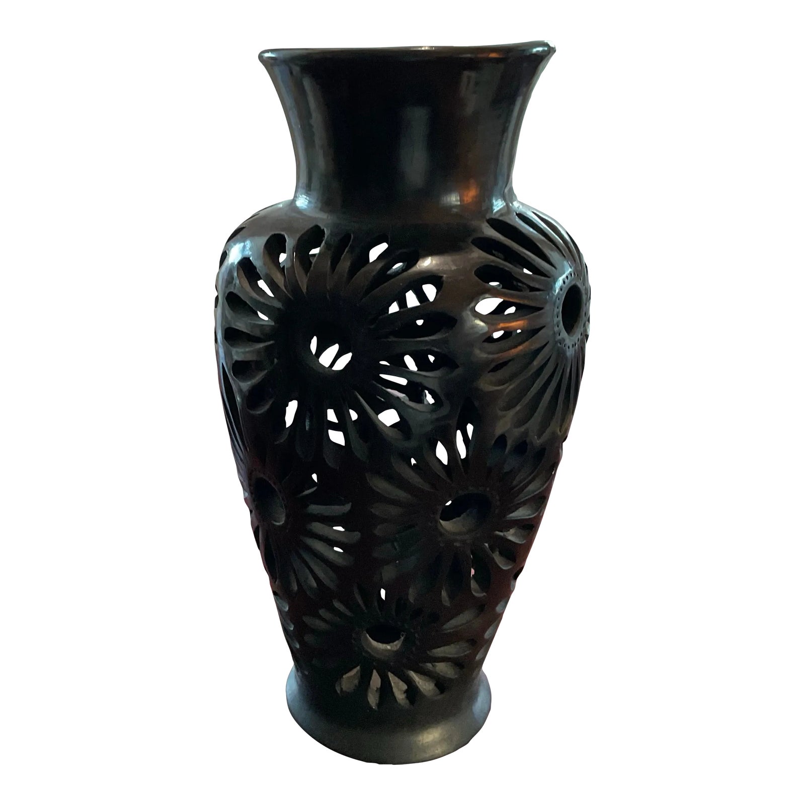 1990s Oaxaca Black Pottery Vase With Flower Cut Outs | Chairish