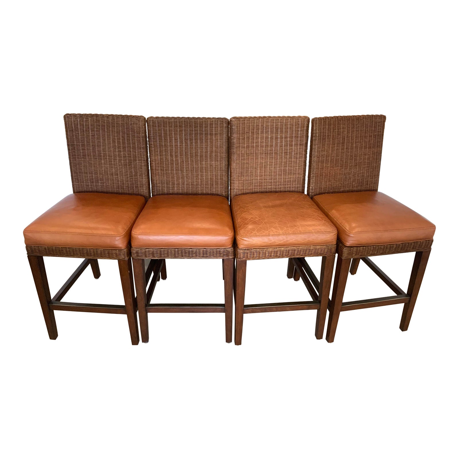 Ethan Allen Leather Rattan Counter Stools - Set of 4 | Chairish