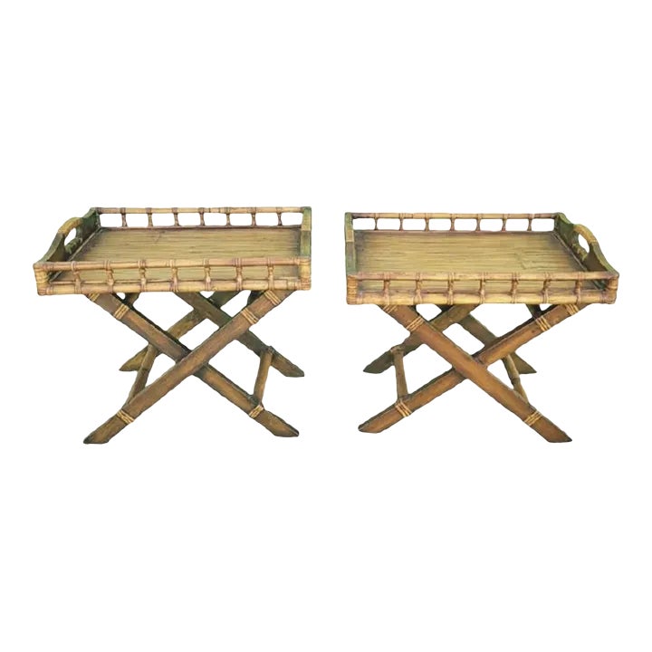 Vintage Bamboo Split Reed Folding Tray Coffee Accent Side Tables- a ...