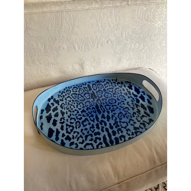 Contemporary Oval Blue Leopard Lacquer Tray | Chairish