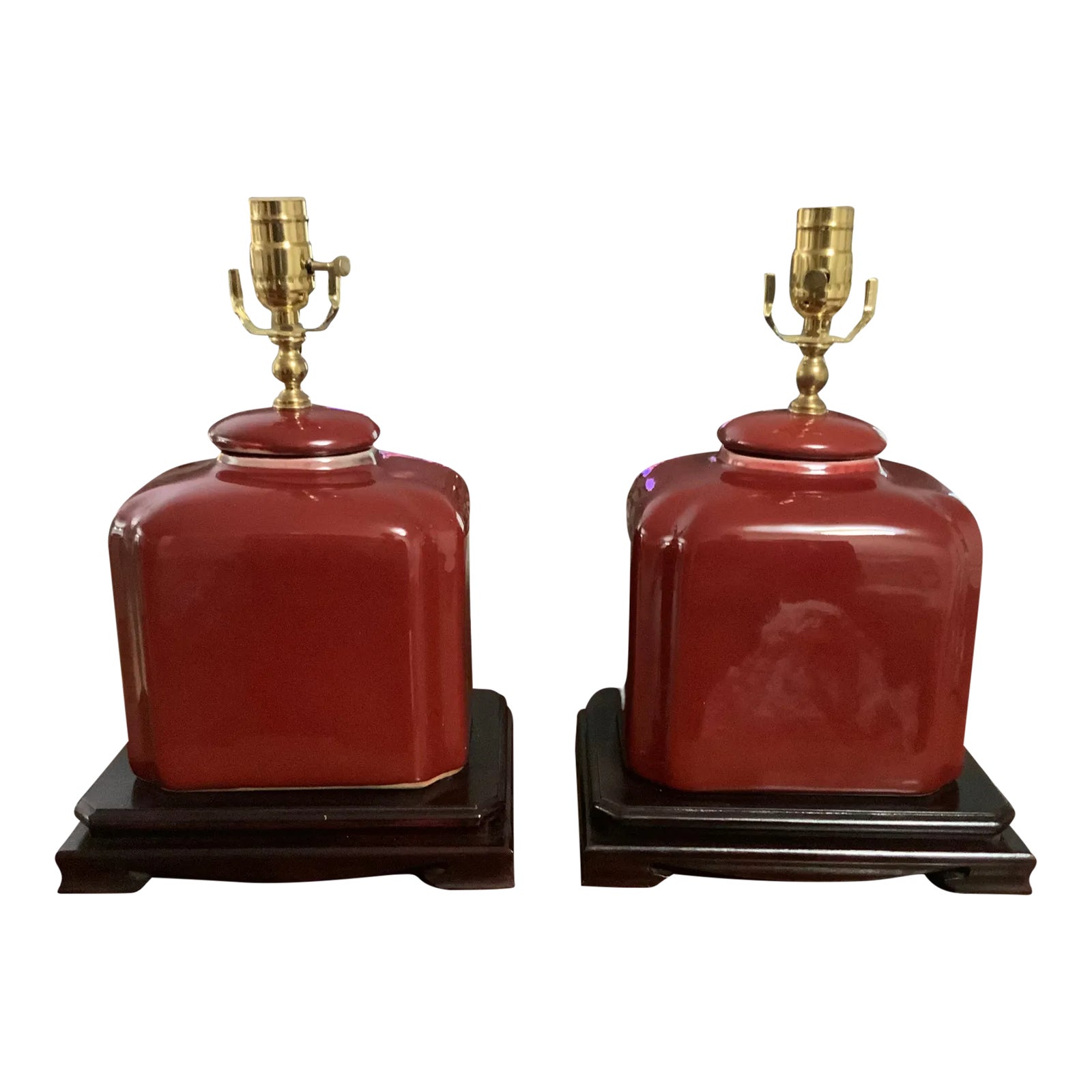 Chinoiserie Red Ginger Jar Lamps on Wooden Base, a Pair | Chairish