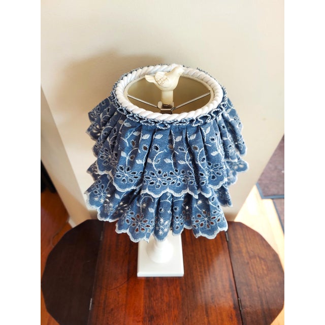 Ruffled Denim Eyelet Lace Table Lamp With Dove Finial | Chairish