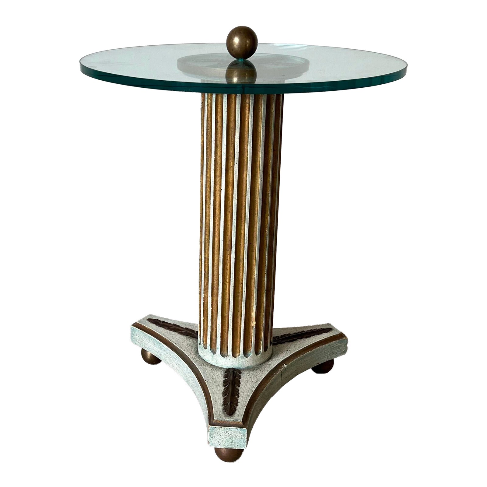 Hollywood Regency Carved Wood Column & Brass Feet Accent Table | Chairish