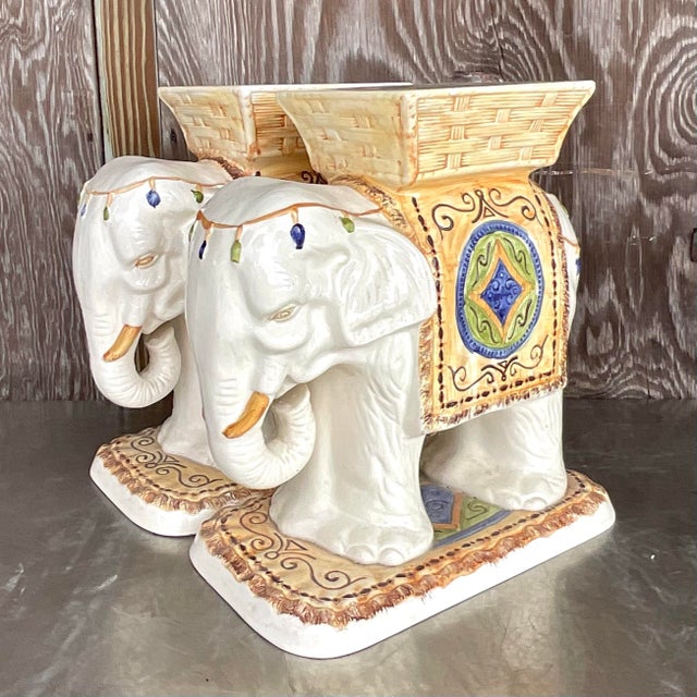 Vintage Boho Glazed Ceramic Elephant Stools - a Pair | Chairish