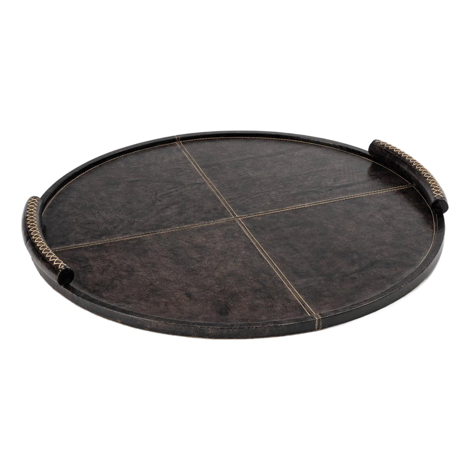 Forte Leather Tray Round Large, Black | Chairish