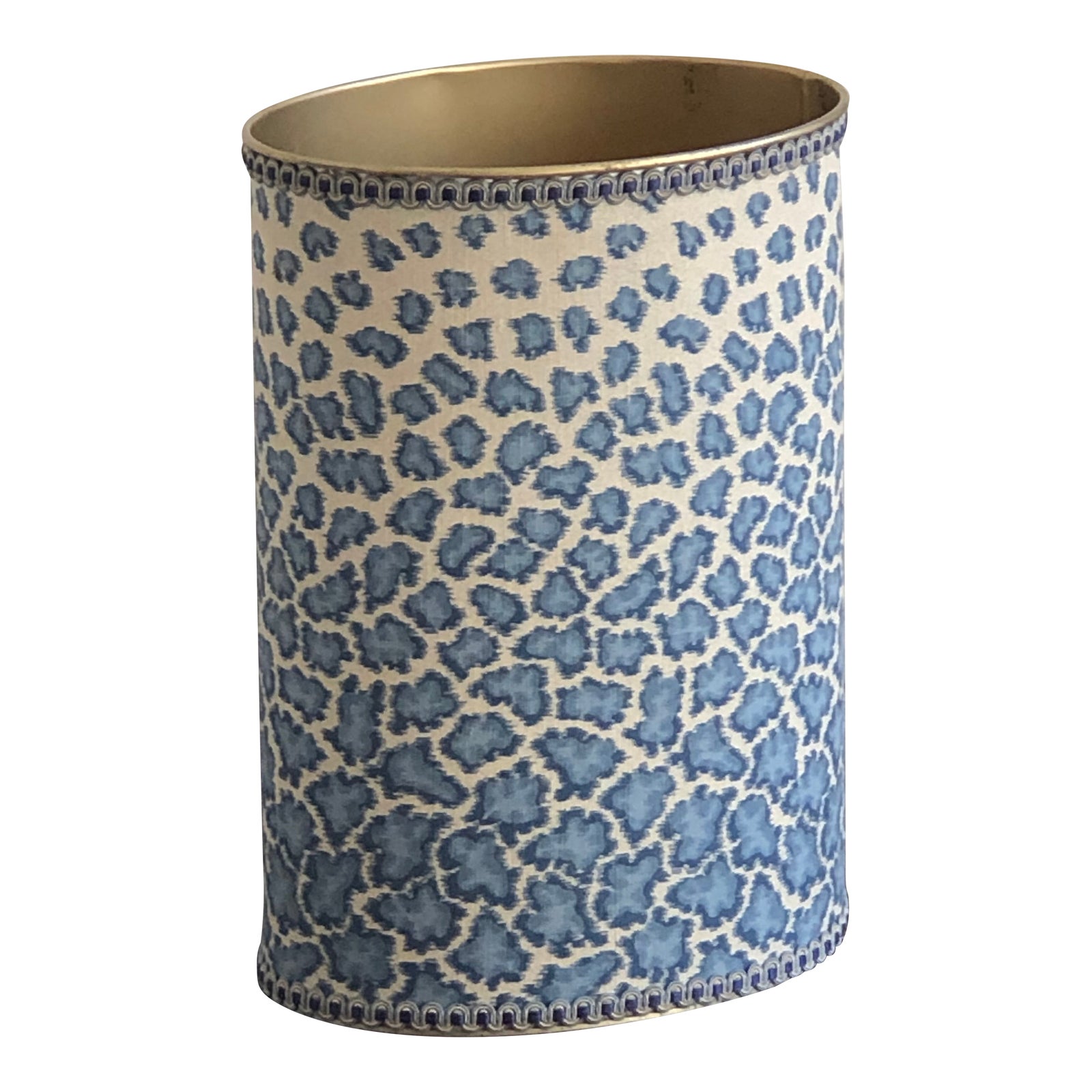 Vintage Snow Leopard Fabric Covered Tole Wastebasket | Chairish