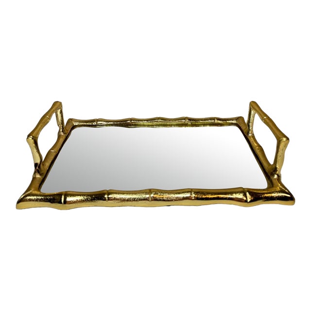 Gold Metal Faux Bamboo Rectangular Mirror Tray With Side Handles | Chairish
