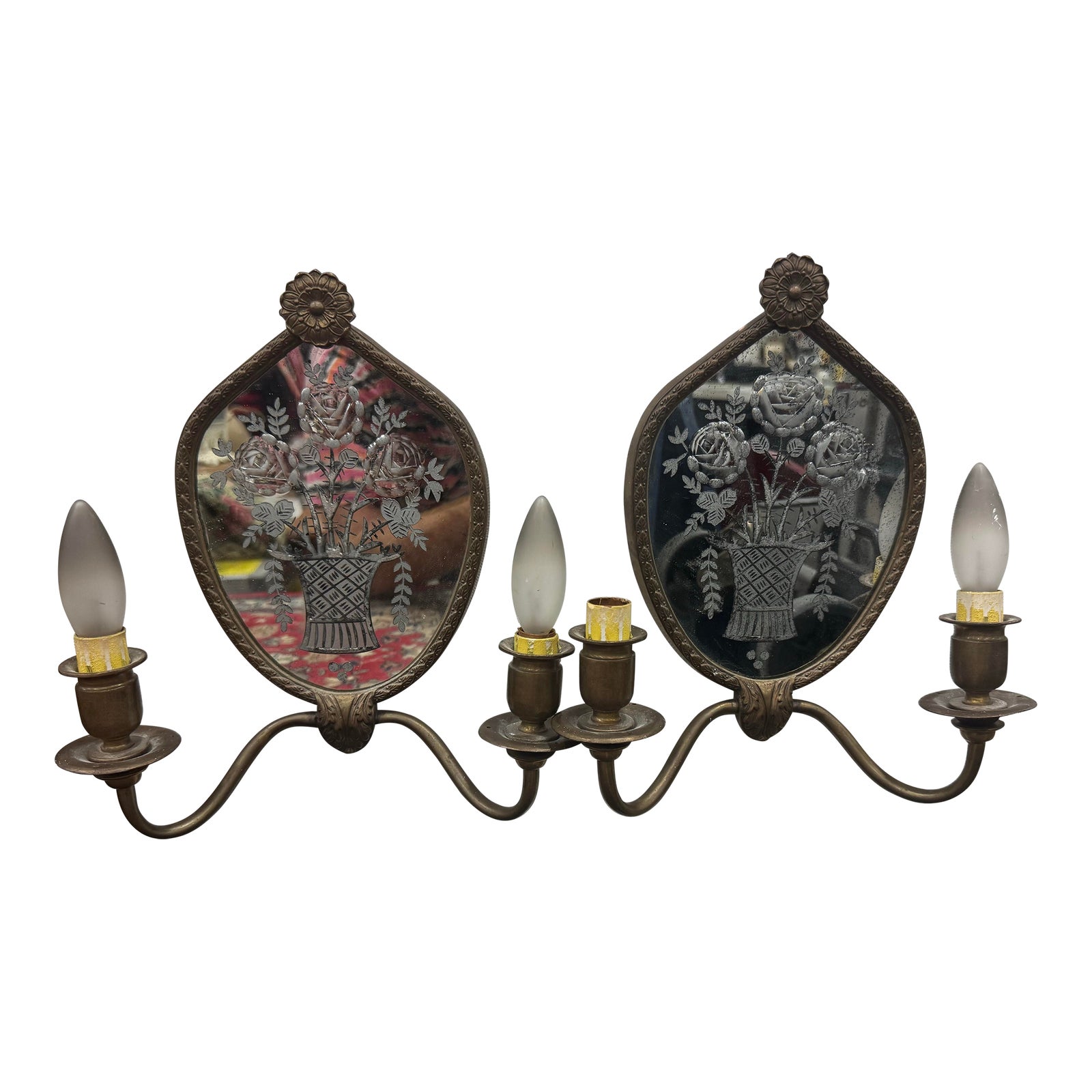 Pair Etched Mirror and Bronze French Style Sconces | Chairish