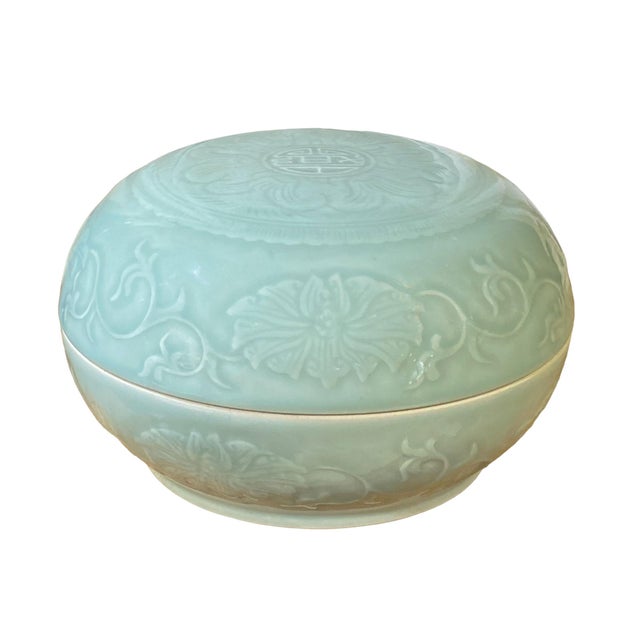 Chinoiserie Hand Carved Celadon Box 9.5" D | Chairish