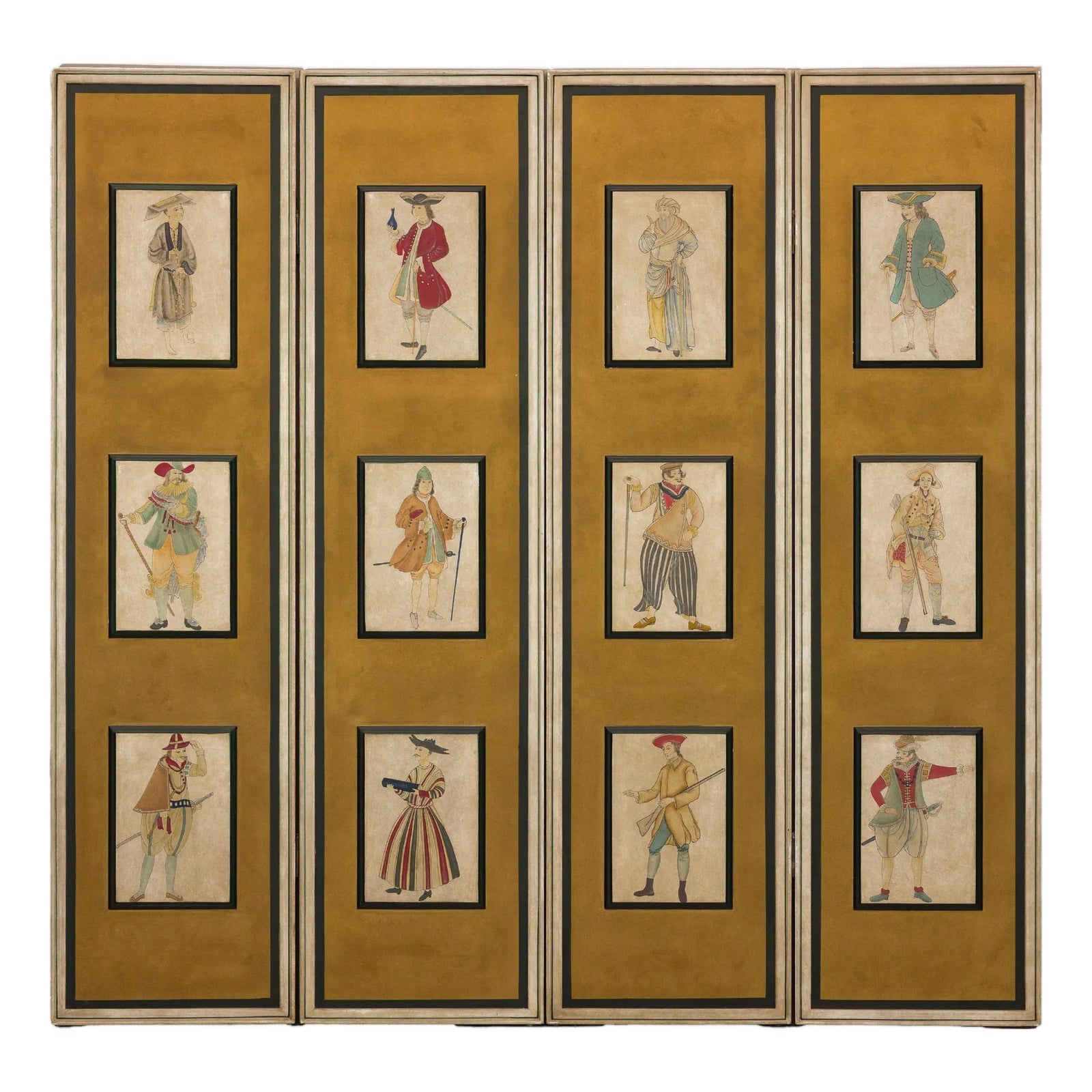 Four-Panel Screen with Painted Theatrical Costume Figures on Raised ...