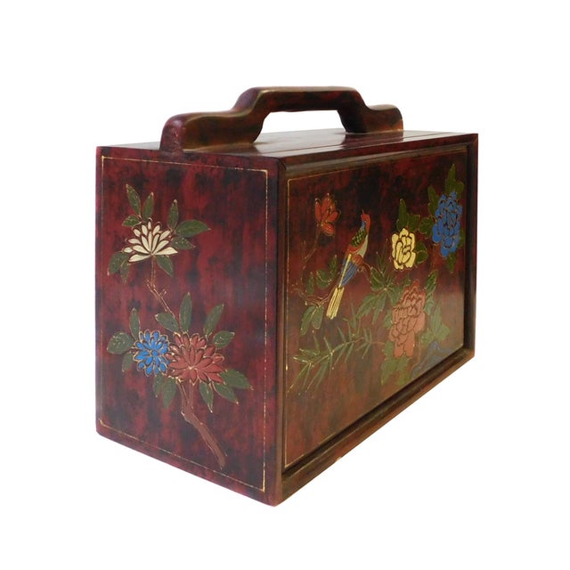 Brown Lacquer Wood Box With Colorful Graphic | Chairish