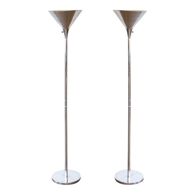 Vintage Art Deco Chrome Metal Torchiere Floor Lamps - A Pair | Chairish