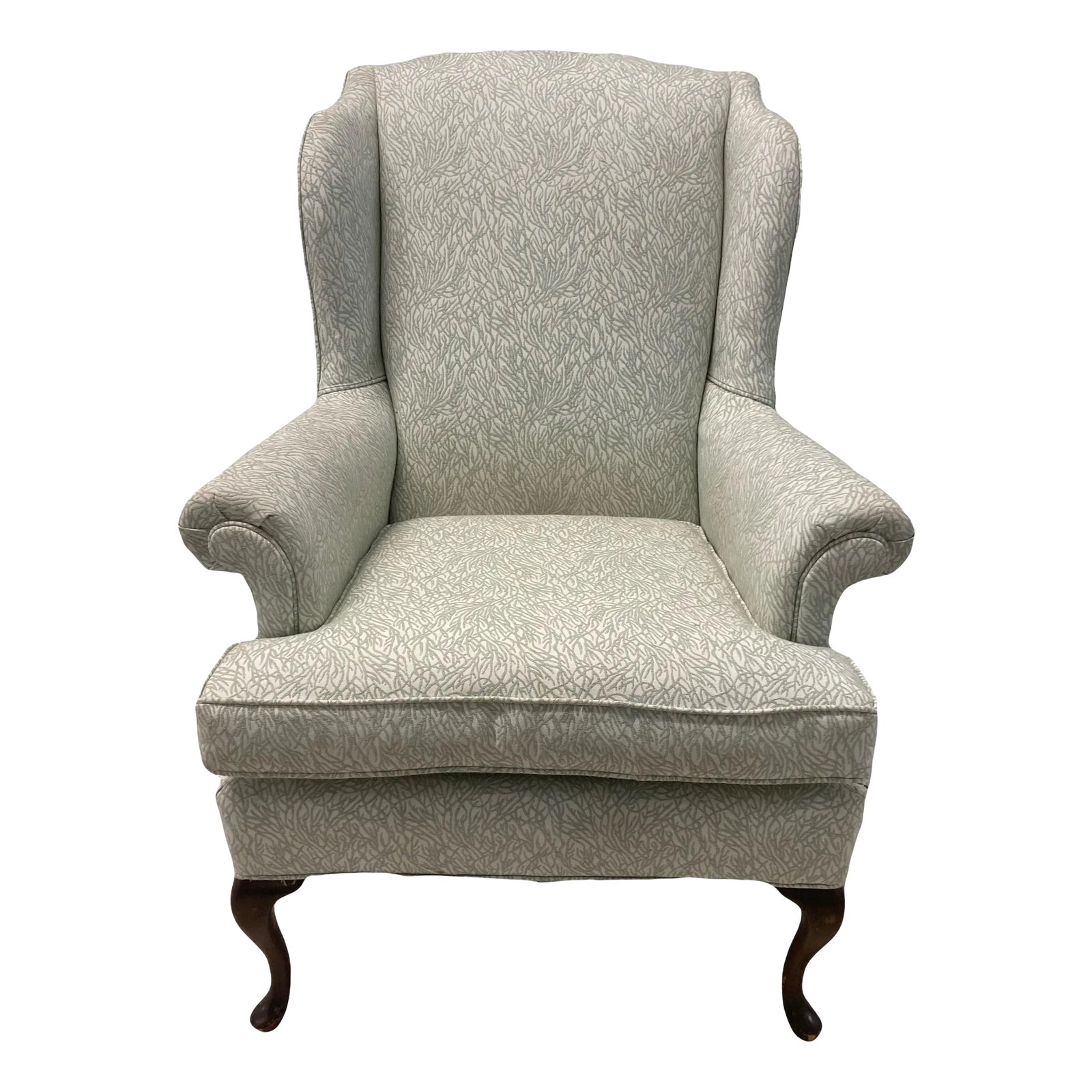 Late 20th Century Queen Anne Wingback Chair In Sage and White ...