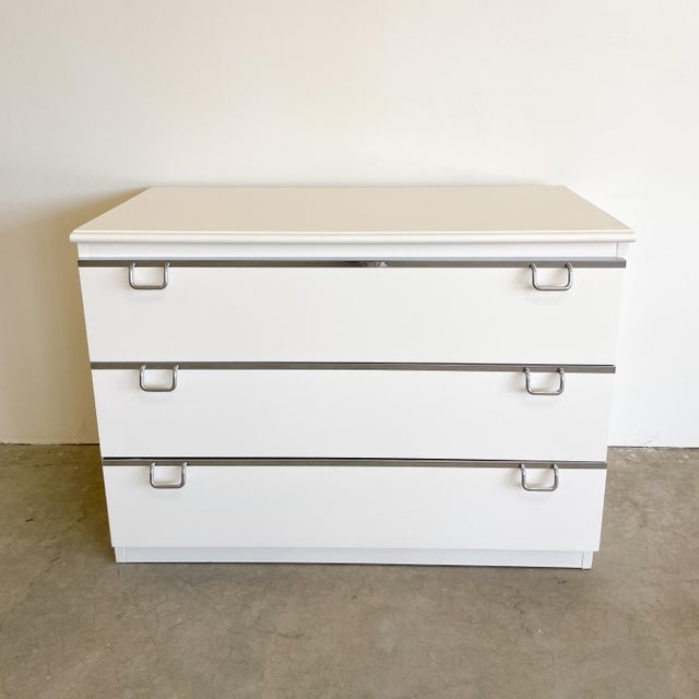 1980s Postmodern Vintage White Lane Dresser With Chrome Pulls | Chairish