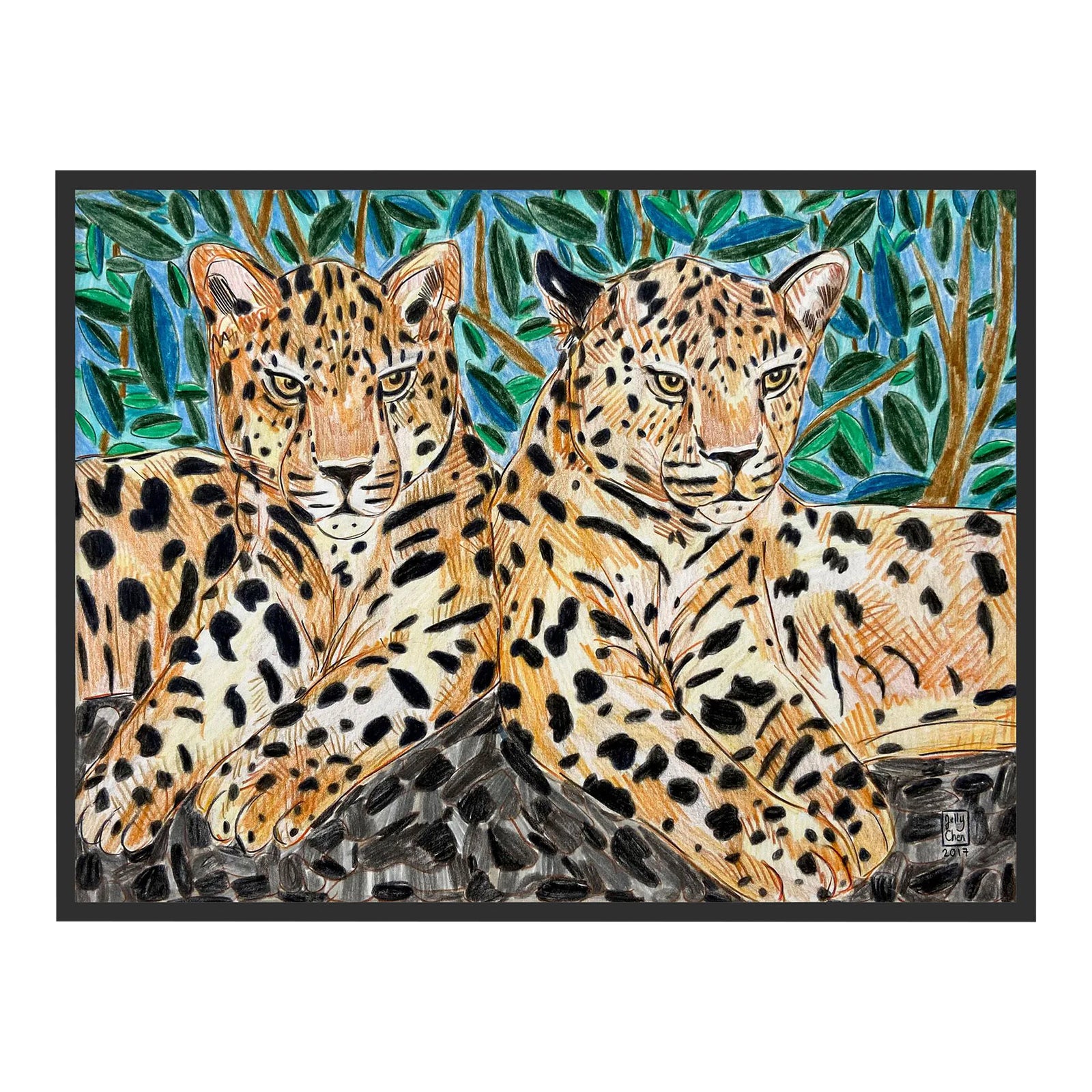 Twin Leopards by Jelly Chen in Black Framed Paper, Small Art Print | Chairish