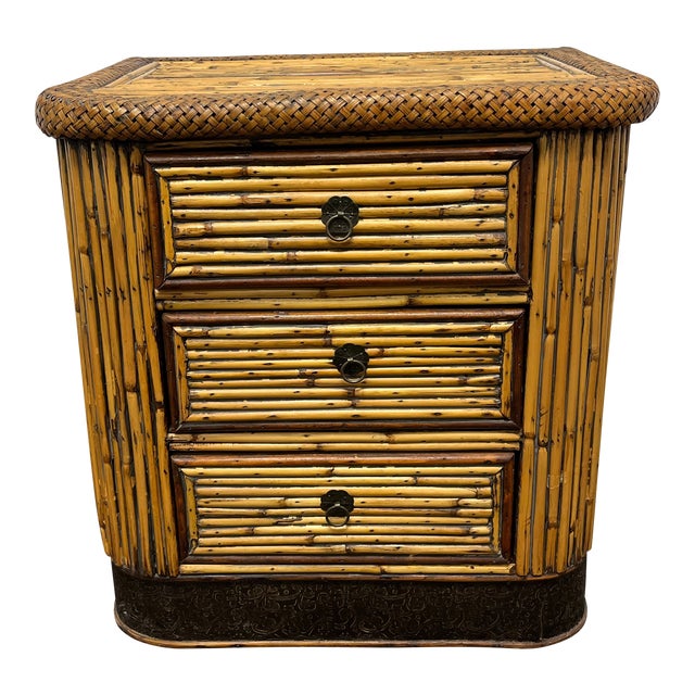 Vintage BoHo Chic Pencil Reed End Table With Drawers | Chairish