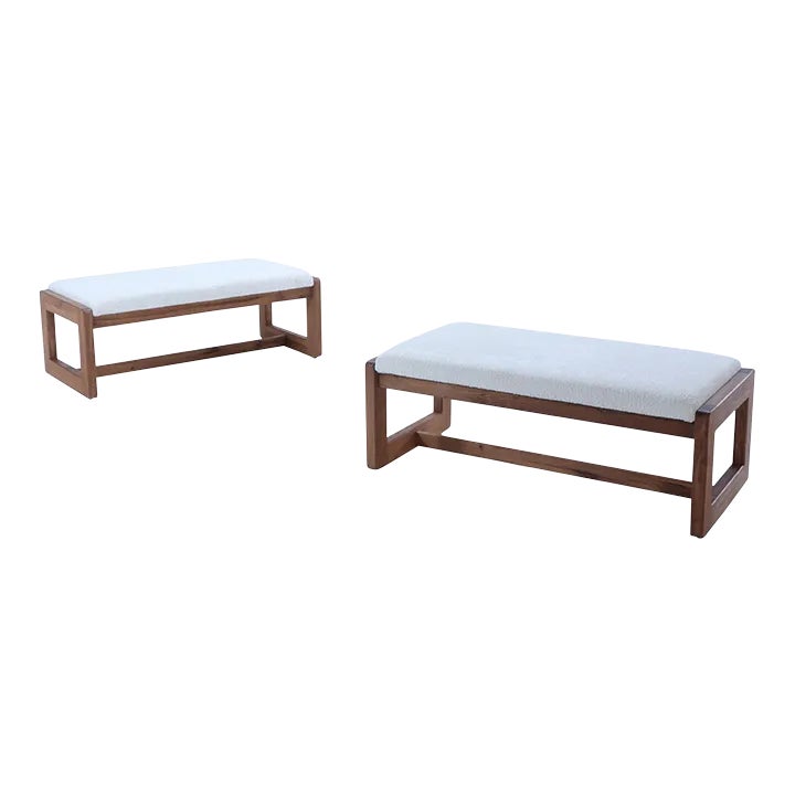 Pair Italian Contemporary Oak Benches Done in a Boucle White Fabric and ...