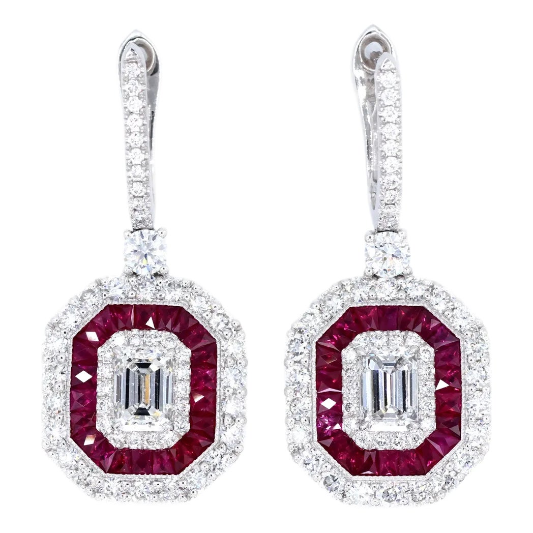 Platinum 950 Dangling Natural Ruby and Diamond Earring- Set of 2 | Chairish