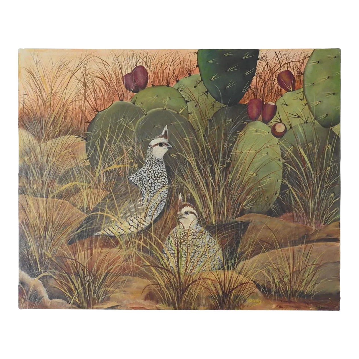 Vintage Cactus and Quail Painting | Chairish