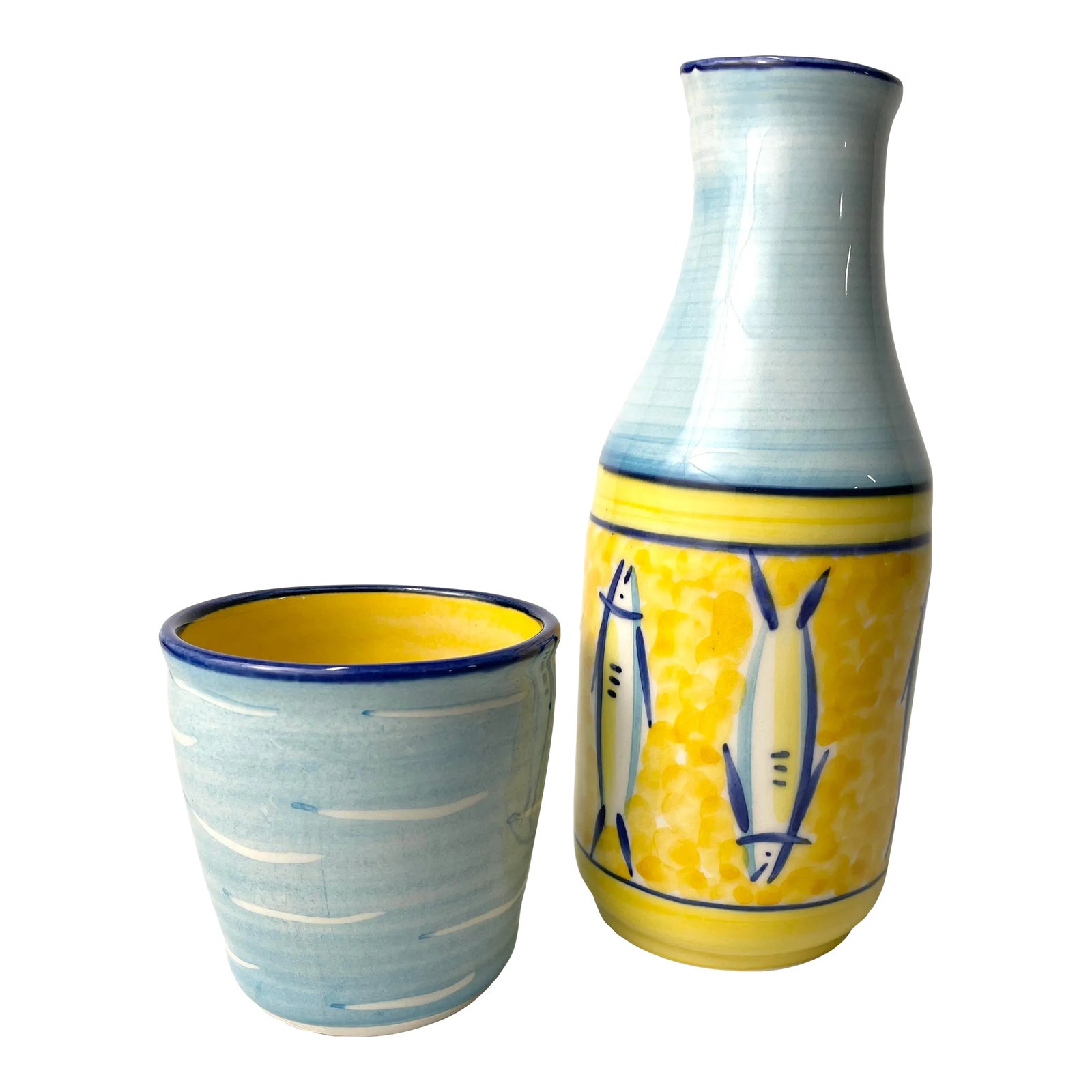 Renacer Ceramics Bedside Water Carafe & Cup With Fish Pattern | Chairish