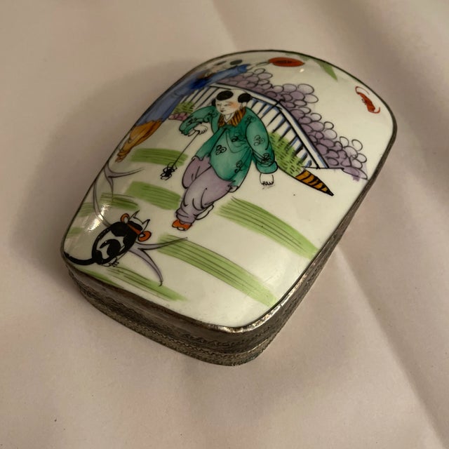 Antique Chinese Porcelain Shard Metal Box | Chairish