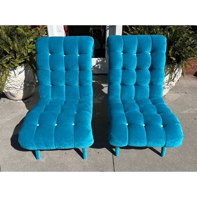 Pair of Mid Century Modern Tufted Turquoise Velvet Chairs | Chairish