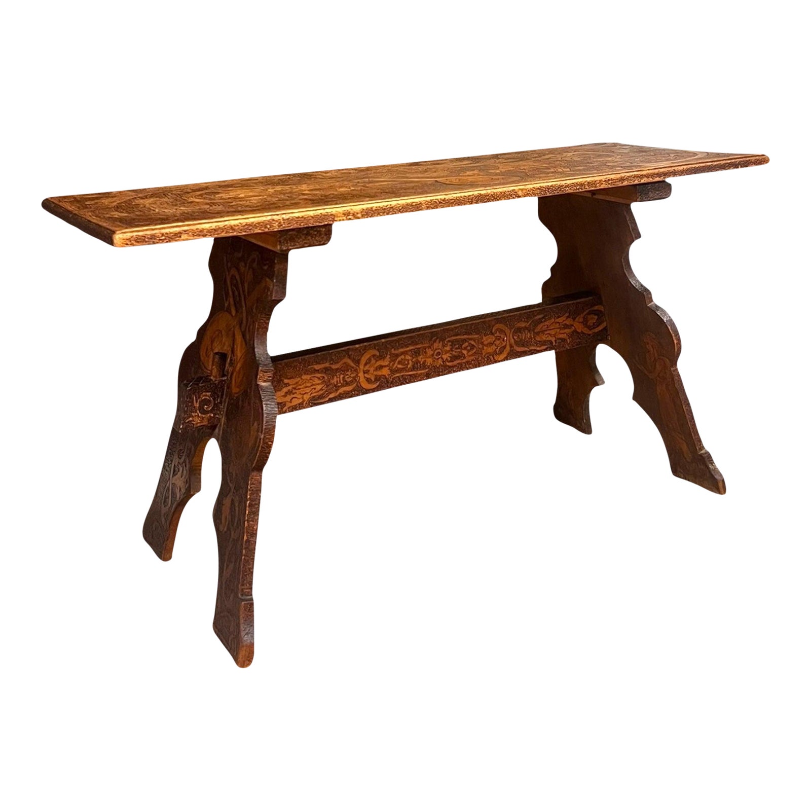 1970s Antique Pyrography Trestle Wood Folk Art Decorative Bench or ...