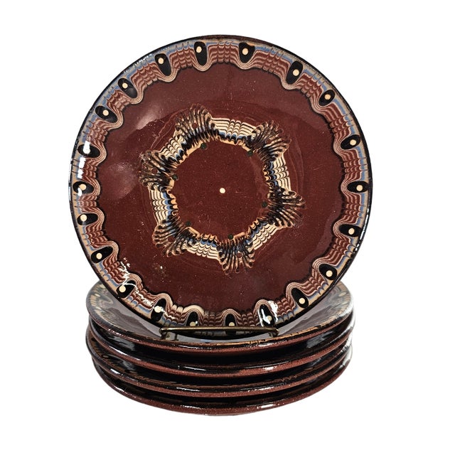 Hand Painted Bulgarian Troyan Red Feather Desert Plates Set of 5 | Chairish