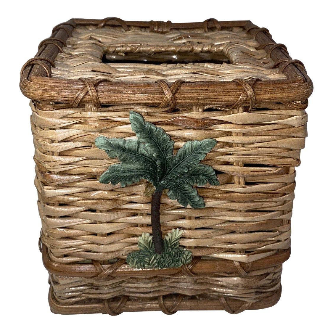 Vintage Palm Tree Rattan Wicker Tissue Box | Chairish