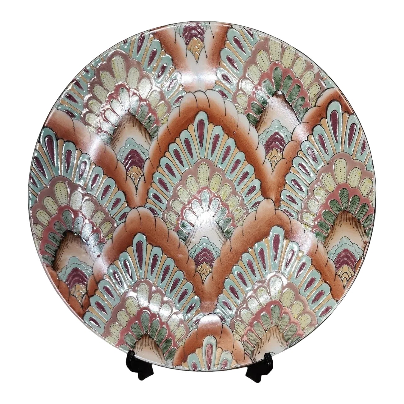 Mid Century Chinese Handpainted Peacock Feather Plate | Chairish