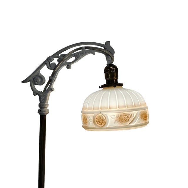 Bridge Arm Lamp Metal Glass W/ Lamp Shade Floral Design | Chairish