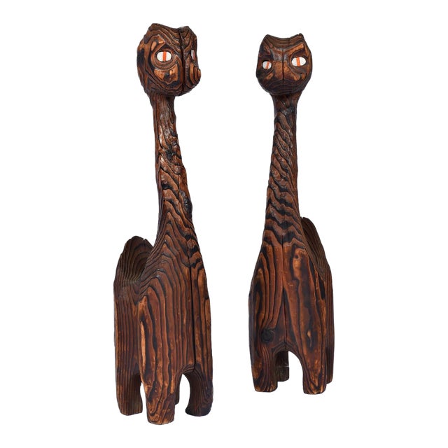 Pair of Witco Tiki Carved Cedar Wood Meathead Cat Sculpture Figures ...